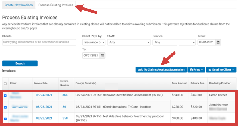 Batch Invoicing - Submit to Clearinghouse (My Clients Plus 3.0)