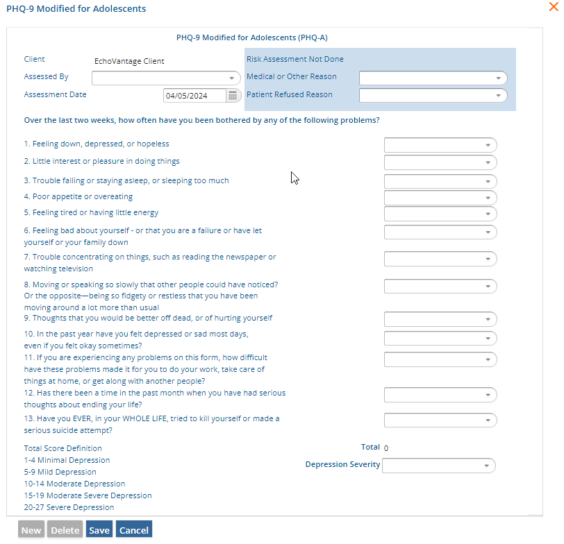 PHQ9 Adolescent Assessment (EchoVantage)