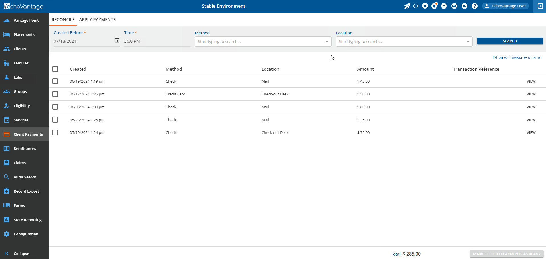 Client Payments (EchoVantage)