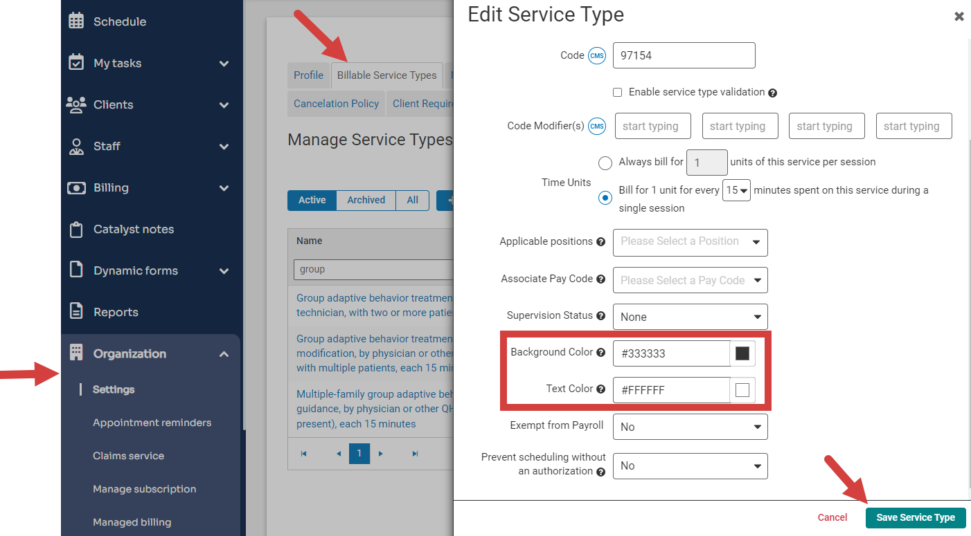 Set Service Type Color Code (WebABA Pro & Group)