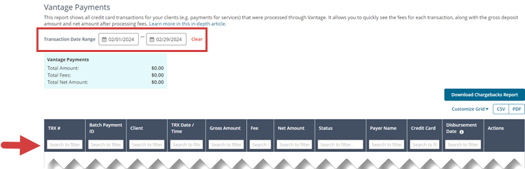Vantage Payments Report/Credit Card Charges Report (TheraNest)
