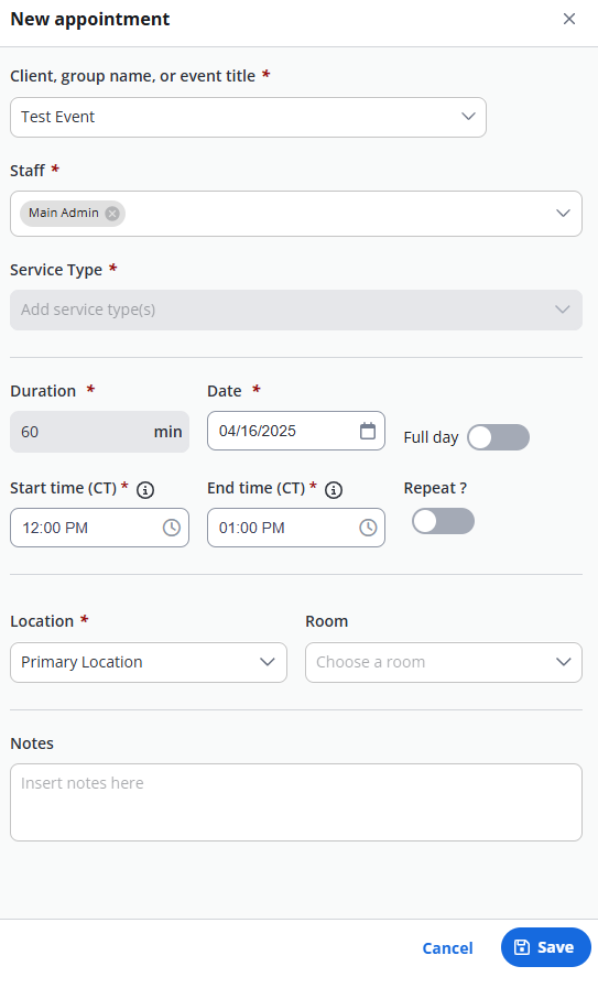 Create Non-Client Event (TheraNest)