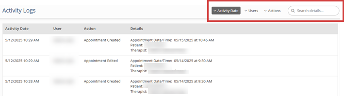 Track Appointment Changes with Activity Logs (Ensora Rehab Therapy ...